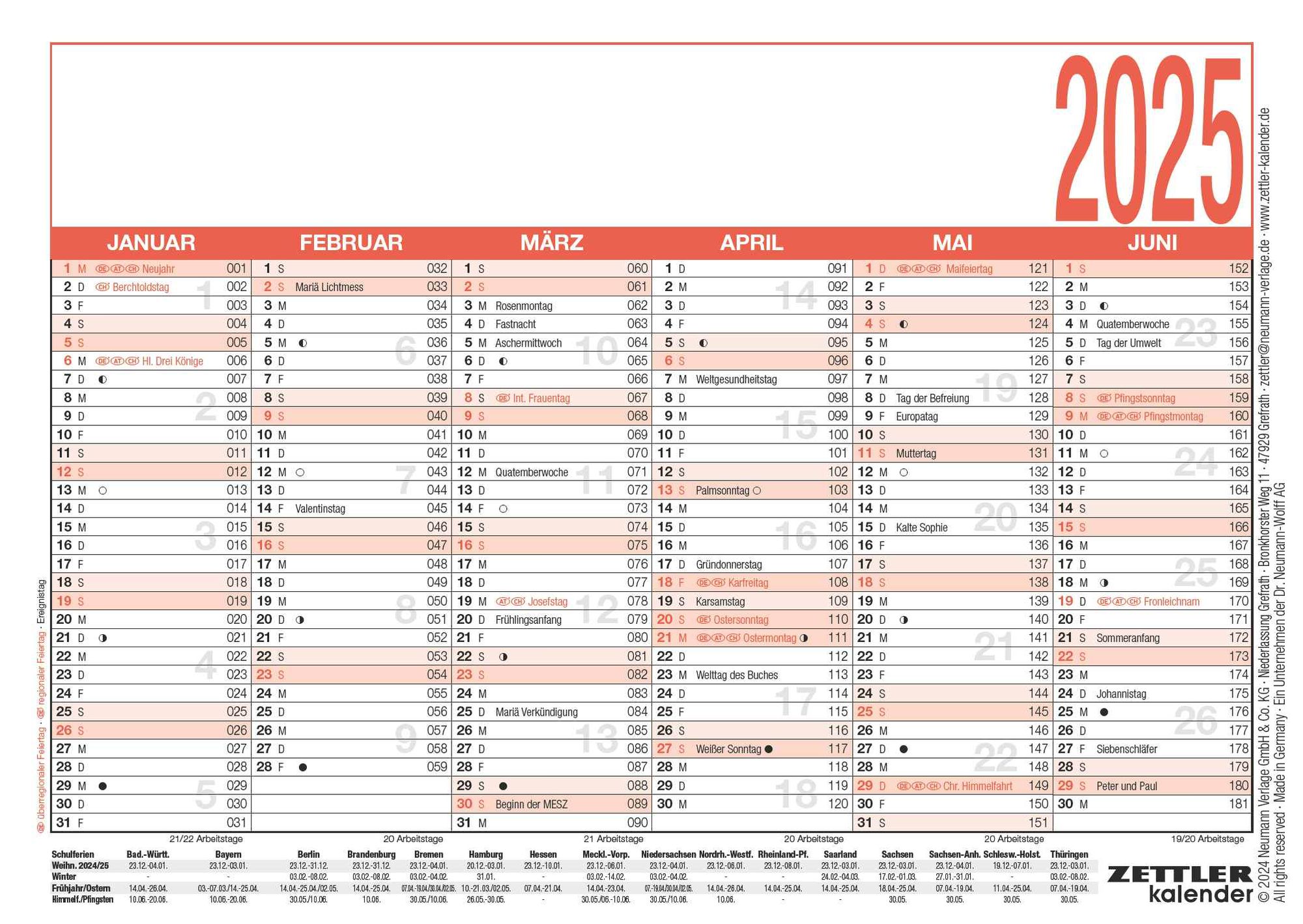 'Arbeitstagekalender 2025 - A6 (14,8 x 10,5 cm) - 6 Monate auf 1 Seite - Tafelkalender ...