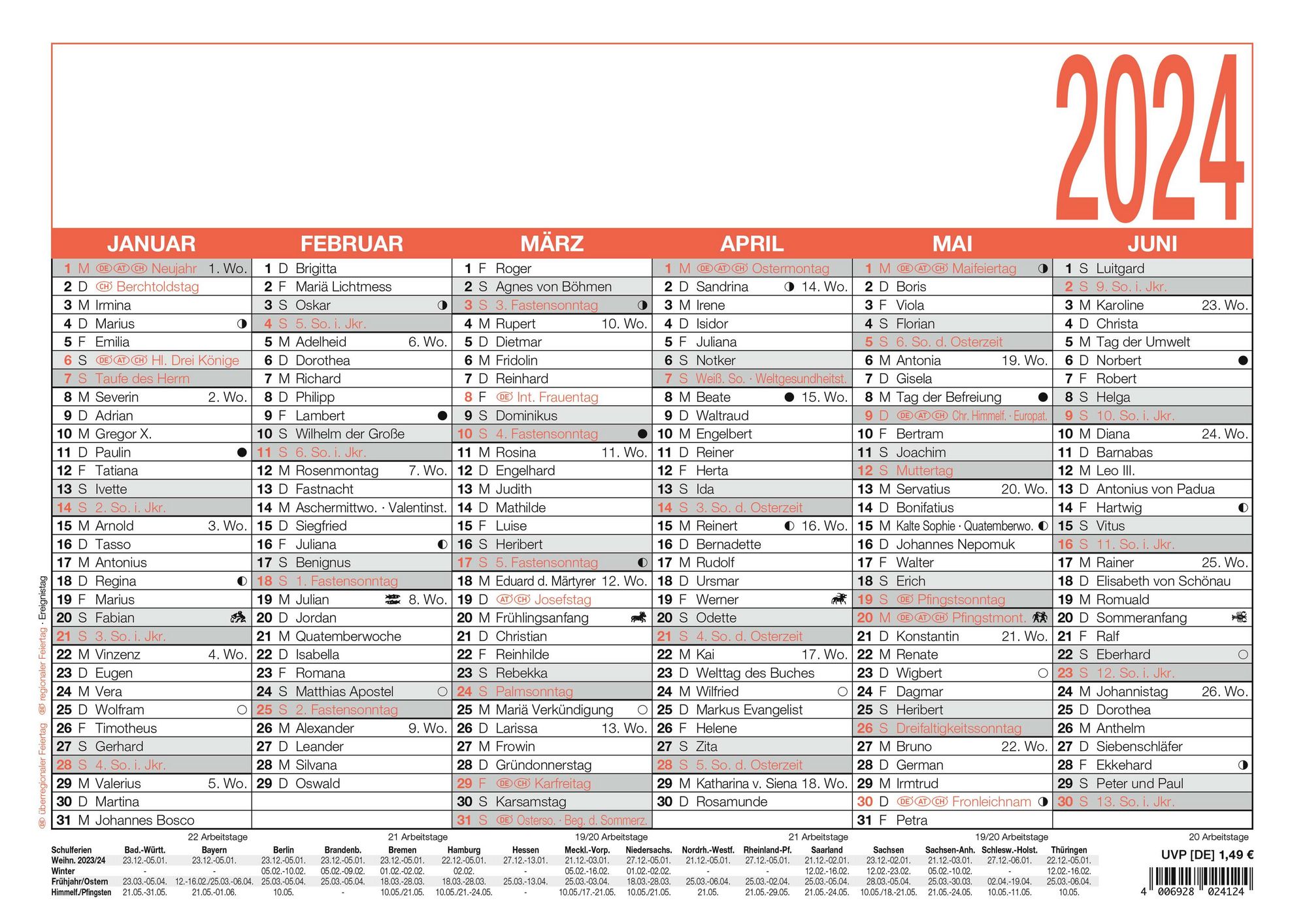  Namenstagekalender 2024 A4 29 7 X 21 Cm 6 Monate Auf 1 Seite