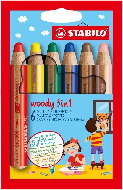 STABILO Buntstift, Wasserfarbe & Wachsmalkreide - woody 3 in 1 - 6er ...