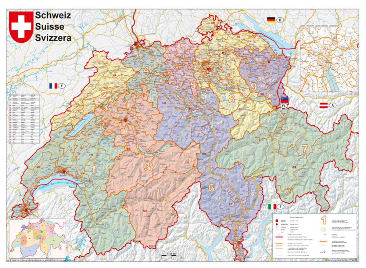 Schweiz Postleitzahlen 1 : 400 000. Wandkarte laminiert Poster von ...